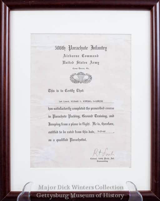 Dick Winters Airborne Qualification Certificate Signed by Col. Sink