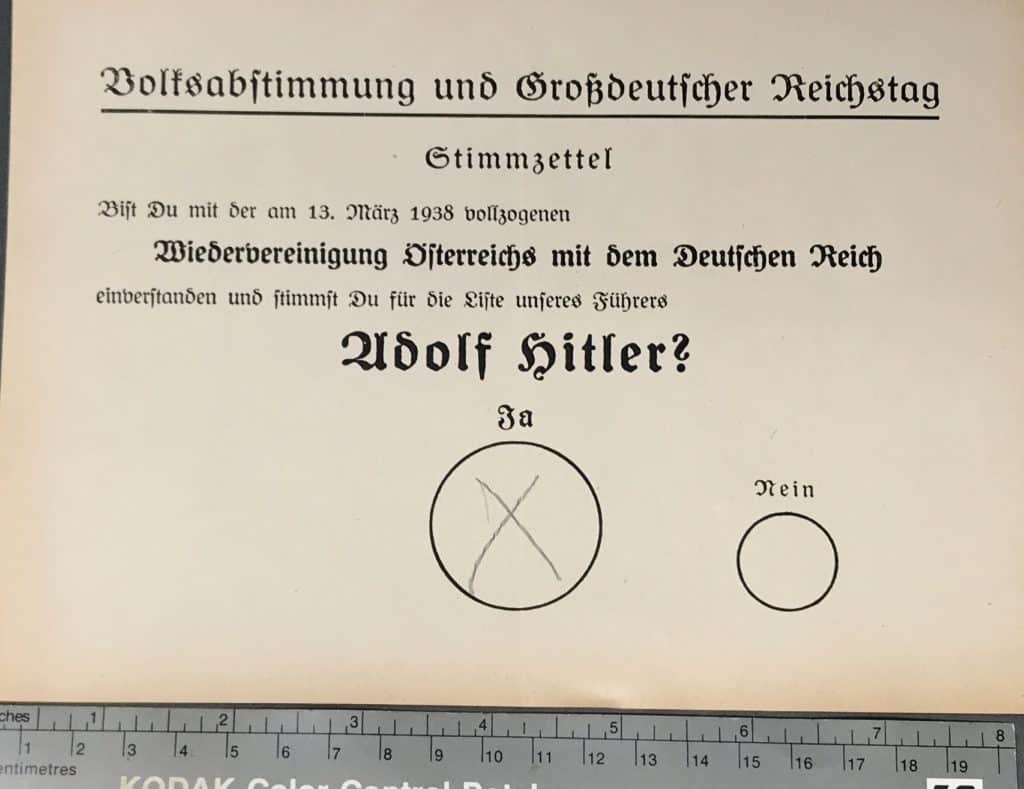 Adolf Hitler Reichstag Referendum Ballot Vote - "JA" For Hitler!