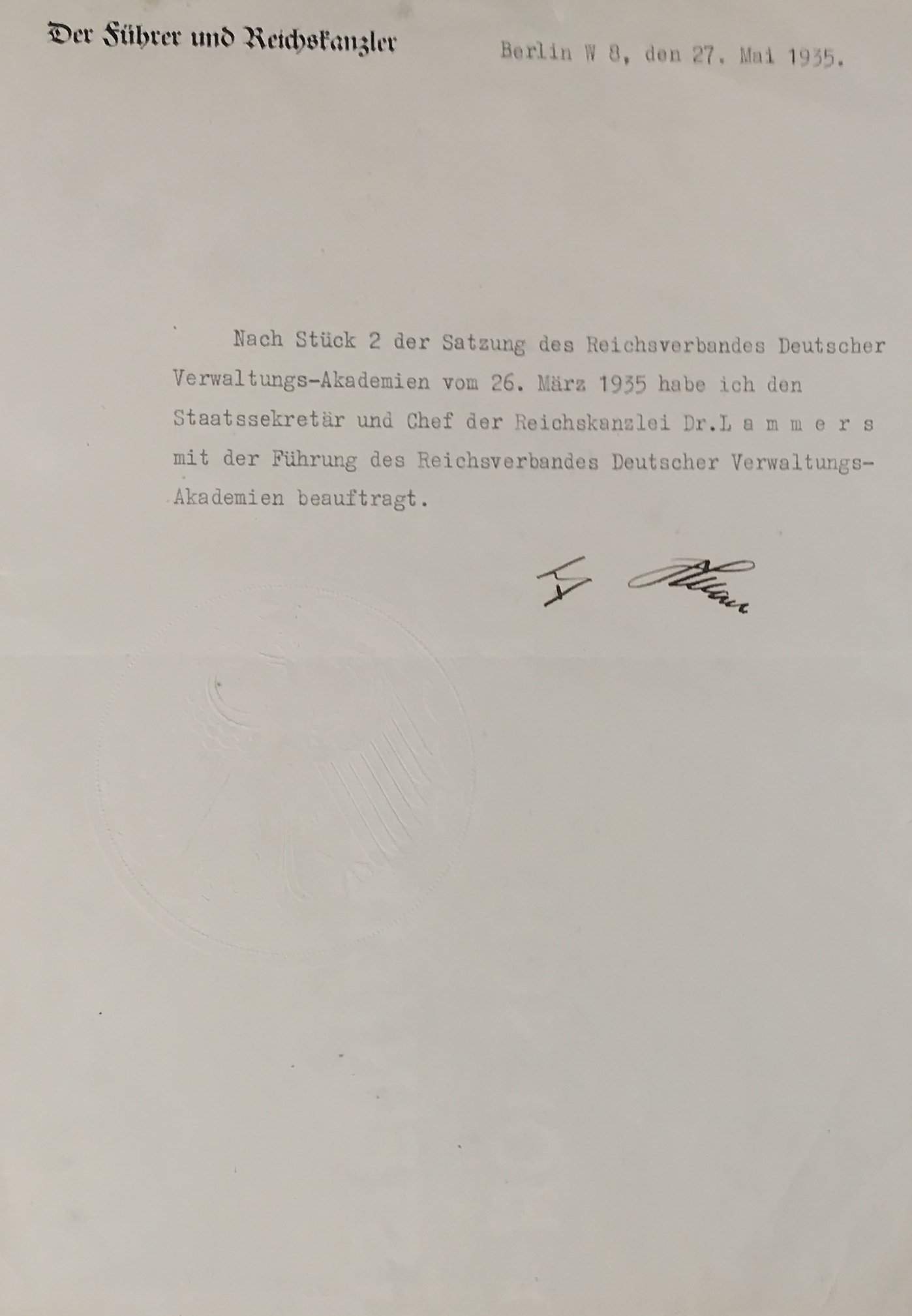 Rare Signed Hitler Document: 1935 Autograph Museum Relic