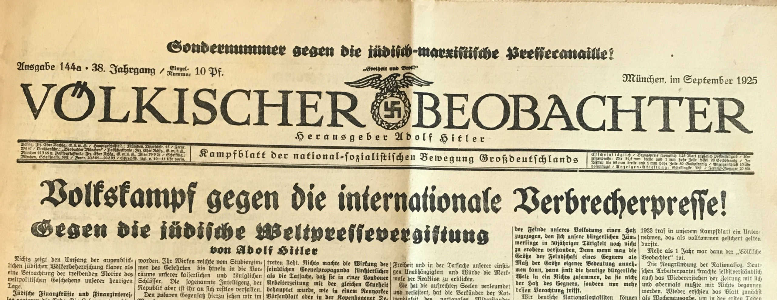 1925 Nazi Party Newspaper: Gettysburg Museum Certified