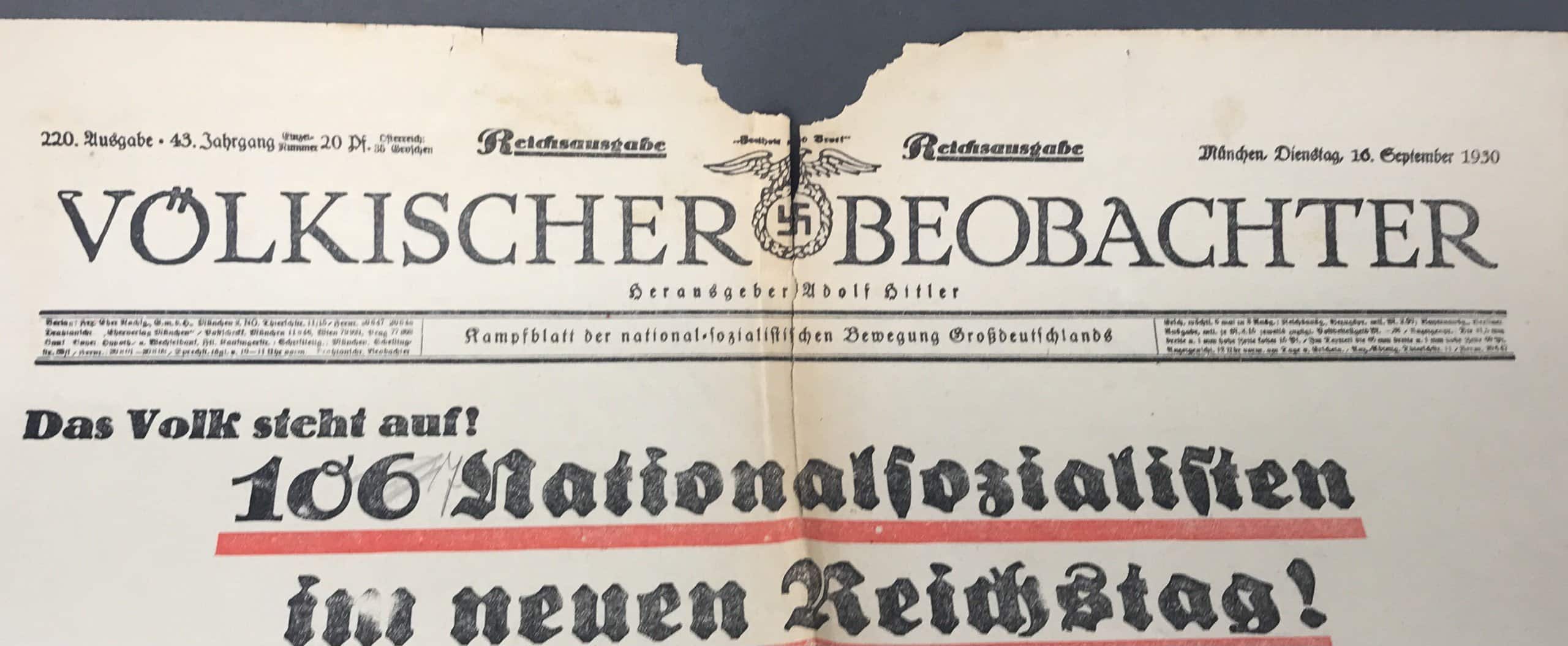 Rare Certified Nazi Party Volkischer Beobachter Newspaper