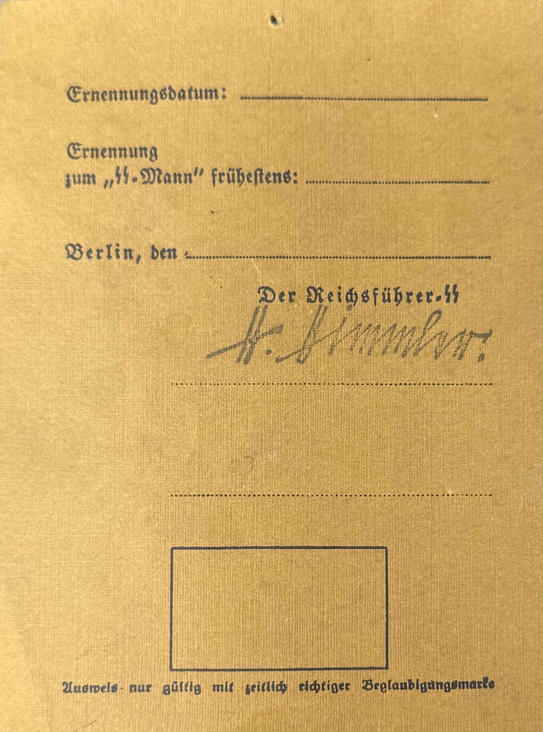 Rare WWII German SS ID Document with Himmler Stamp