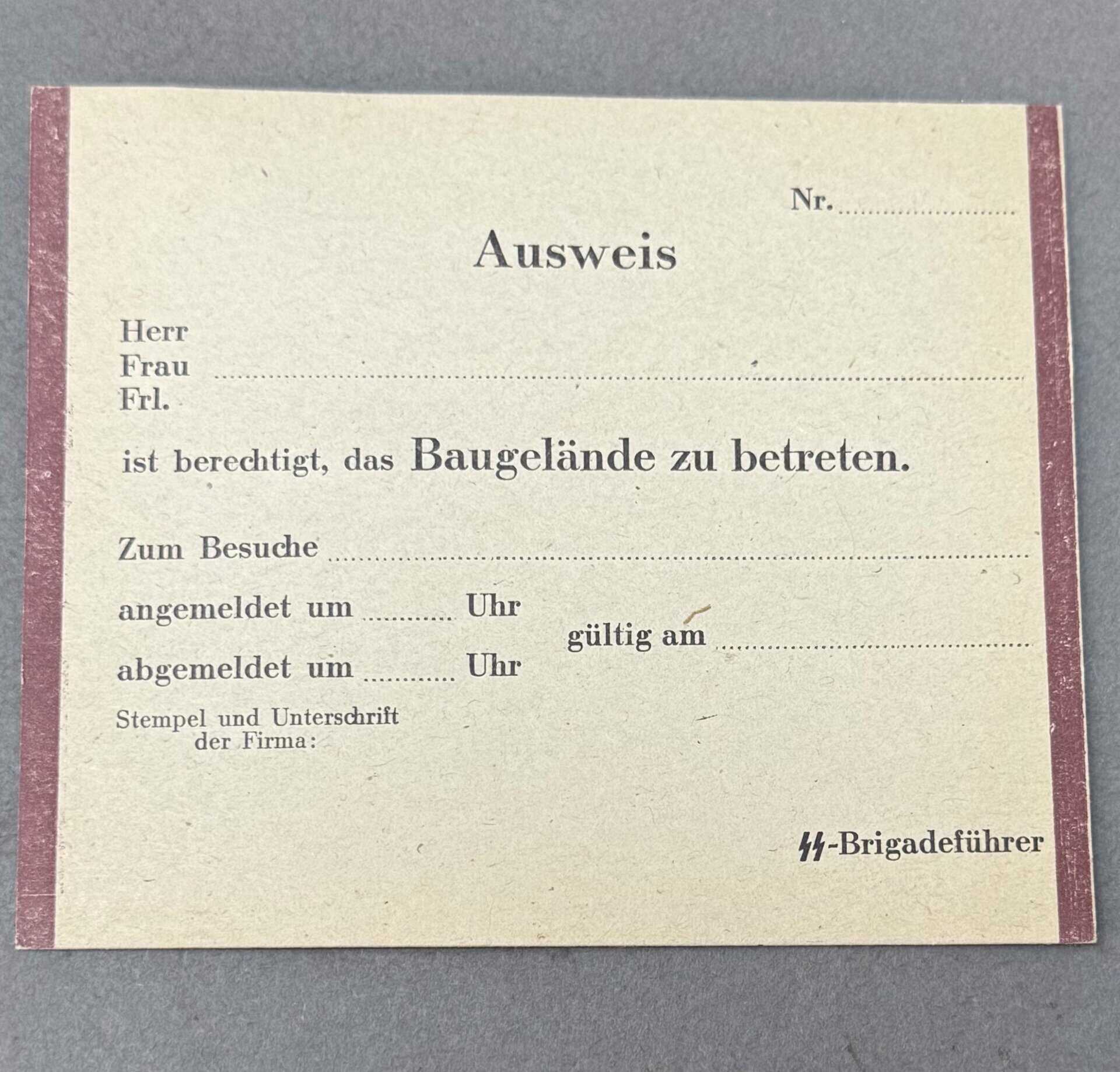 Very Rare Fuhrer Zone SS Obersalzberg Ausweis - Certified
