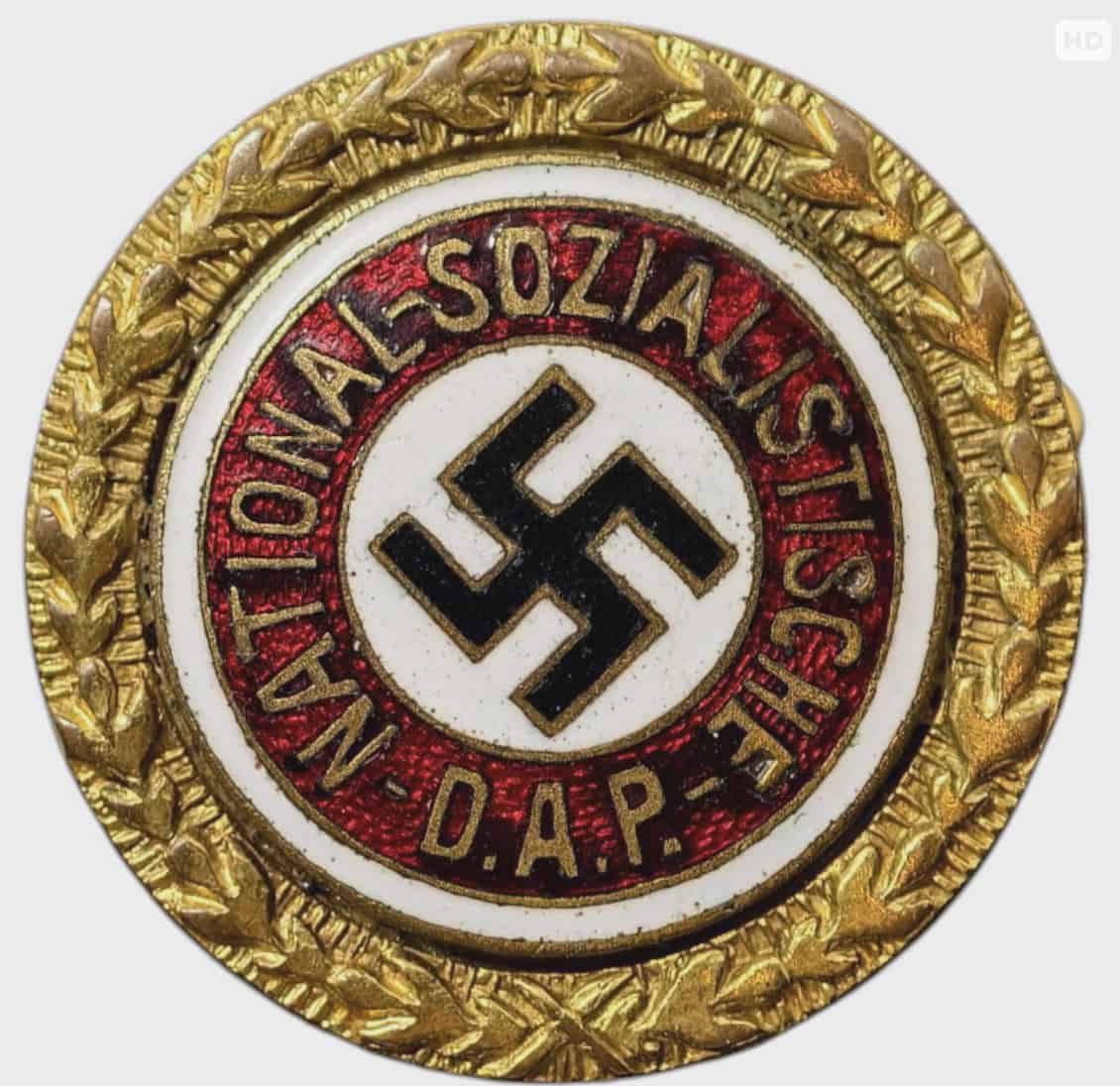 NSDAP Golden Party Lapel Badge: Rare Low-Number Named COA