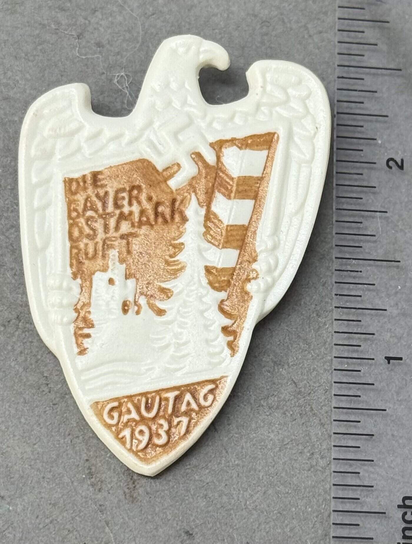 Rare 1937 Bayer Ostmark Ruft NSDAP Porcelain Badge - COA
