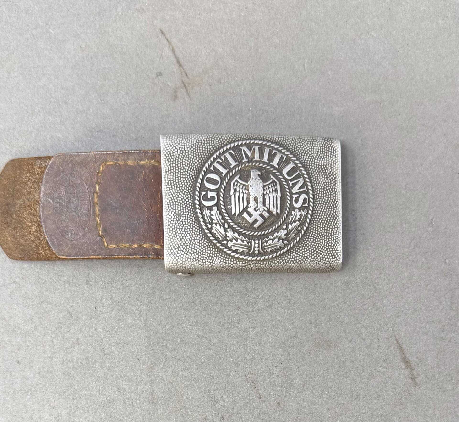 Original WWII German Army Belt Buckle 1939, Leather Tab COA