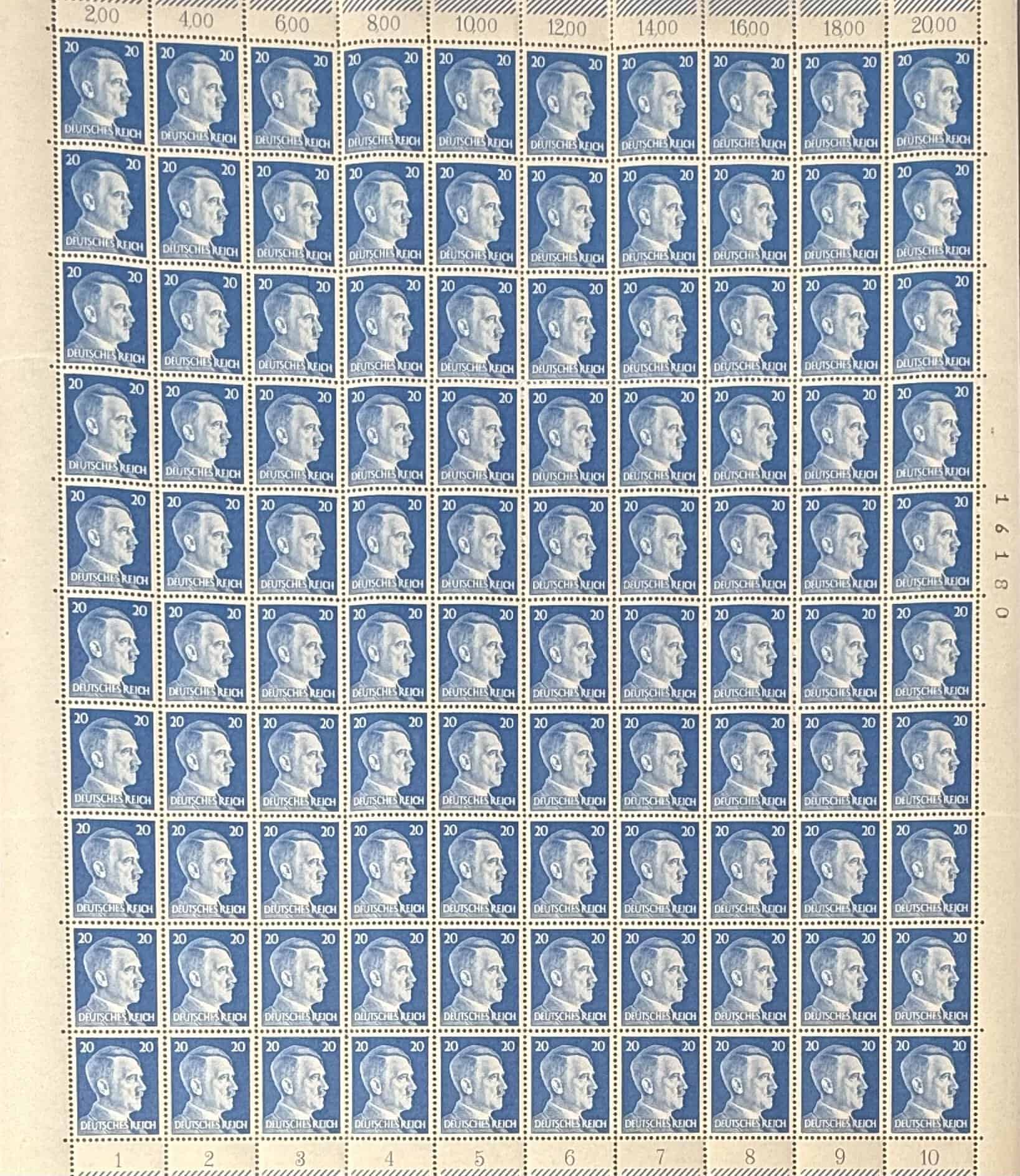 Uncut WWII German Stamp Sheet: 100 Hitler Heads, Museum COA